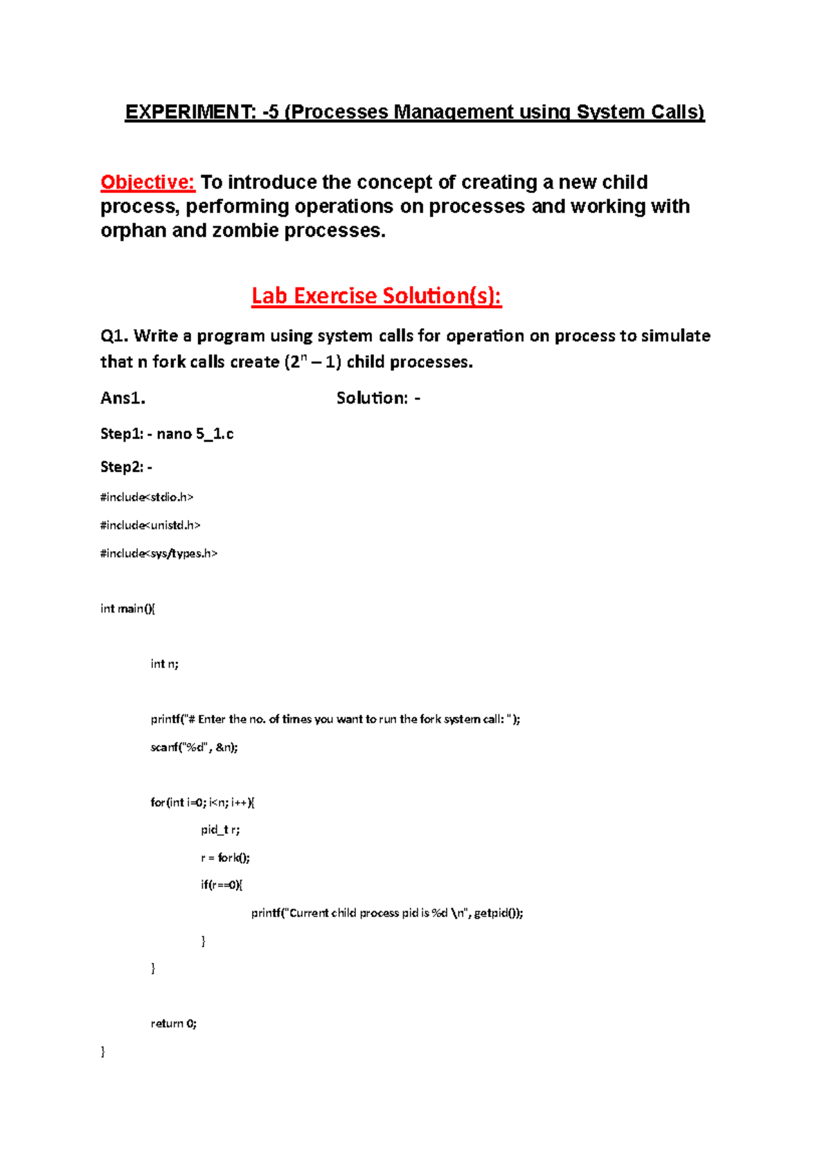 Lab Exp 5 6 Exercises Os Lab Practicals Experiment 5 Processes Management Using System