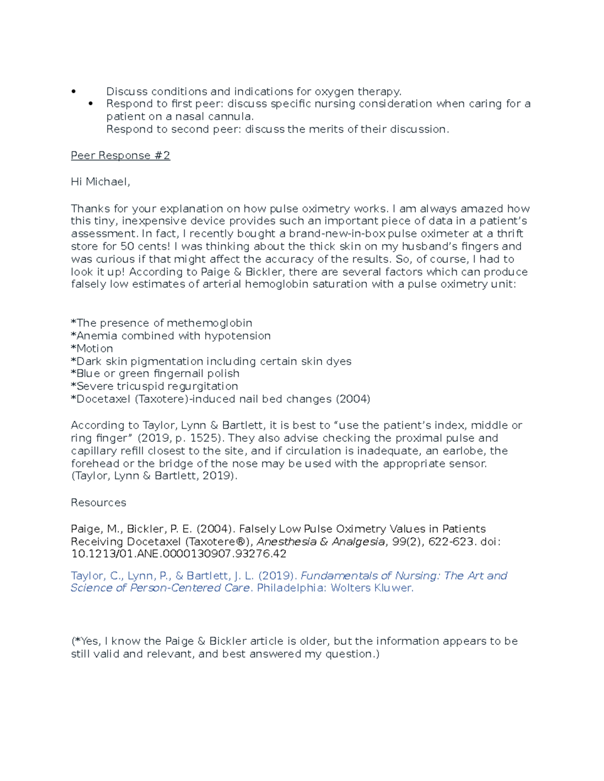 Nursing Essentials - Discussion Post- Module 9 - Discuss conditions and ...