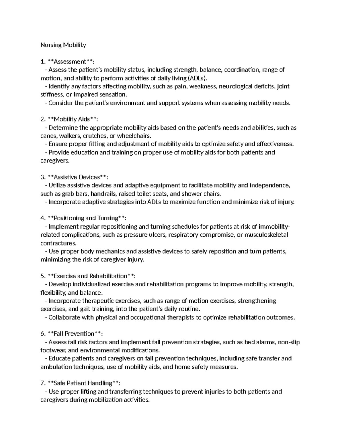 Nursing Mobility - STUDY GUIDE - Nursing Mobility Assessment: Assess ...
