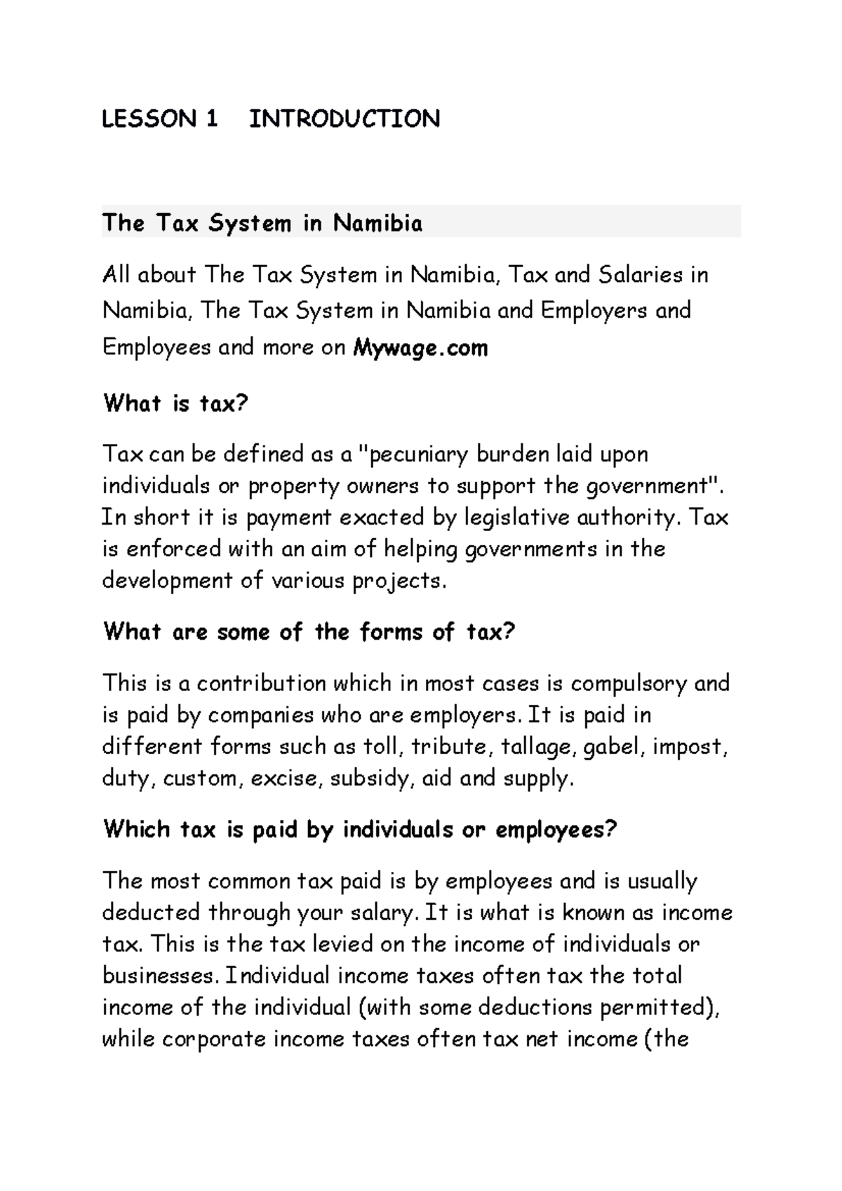 Lesson 1 Introduction - To know how to calculate - LESSON 1 INTRODUCTION The Tax System in ...