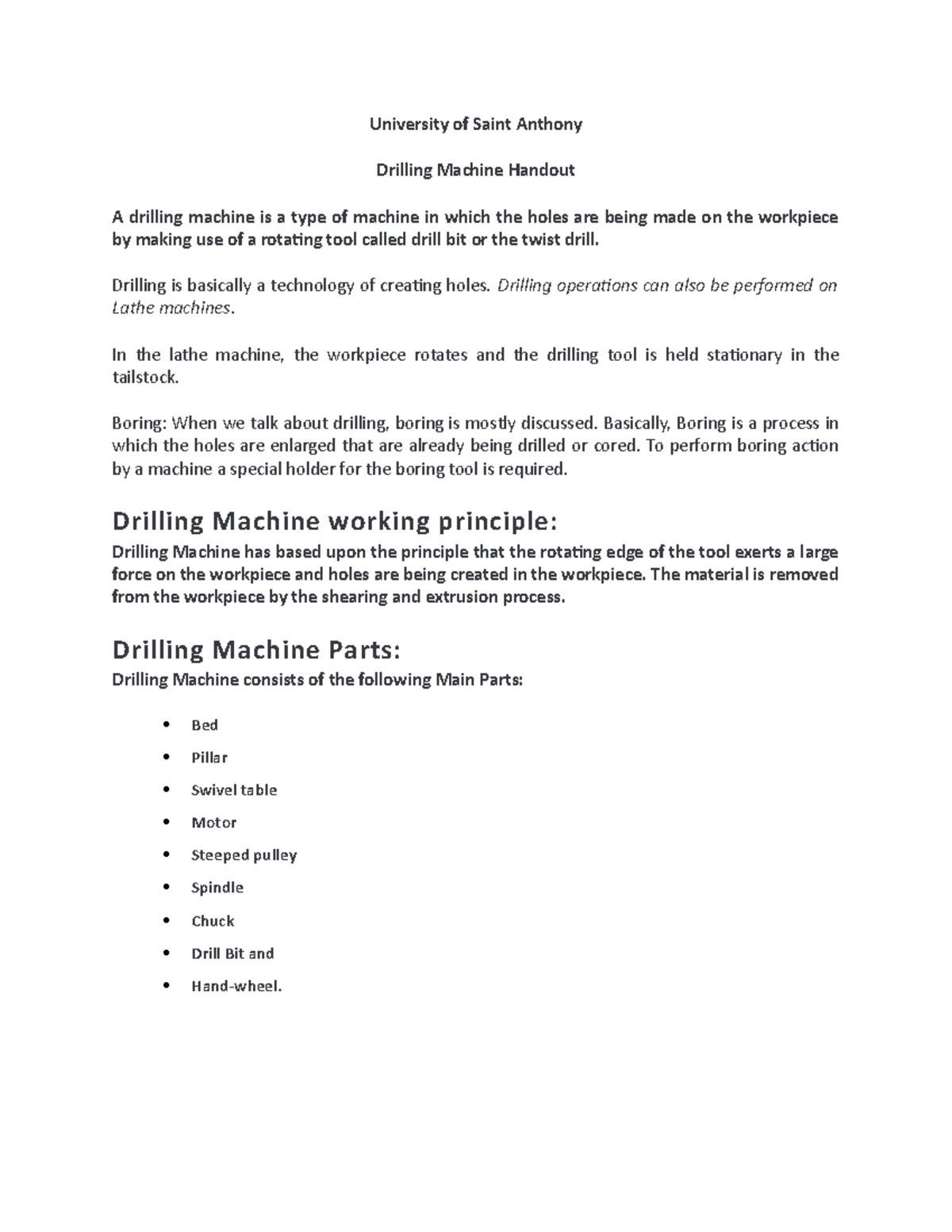 Drilling Machine Handout - University of Saint Anthony Drilling Machine ...
