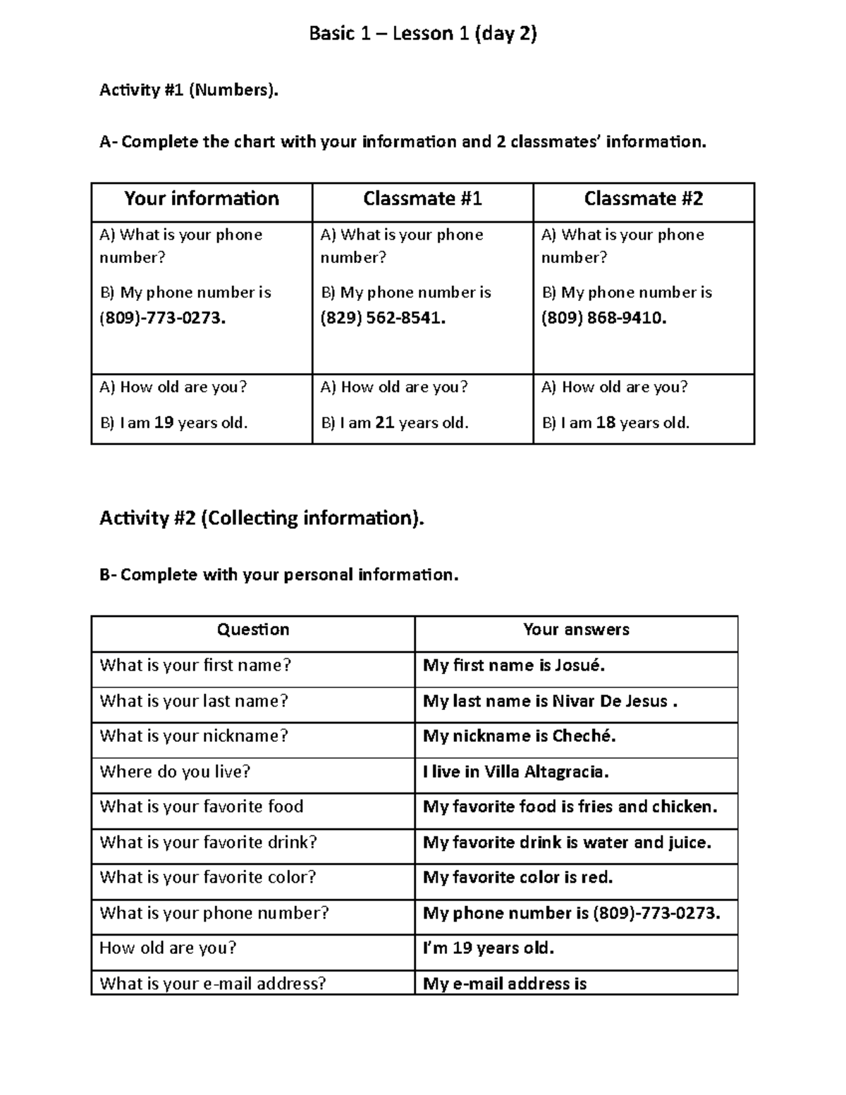 Basic 1 - Lesson 1 - DAY 2 Worksheet - Basic 1 – Lesson 1 (day 2 ...