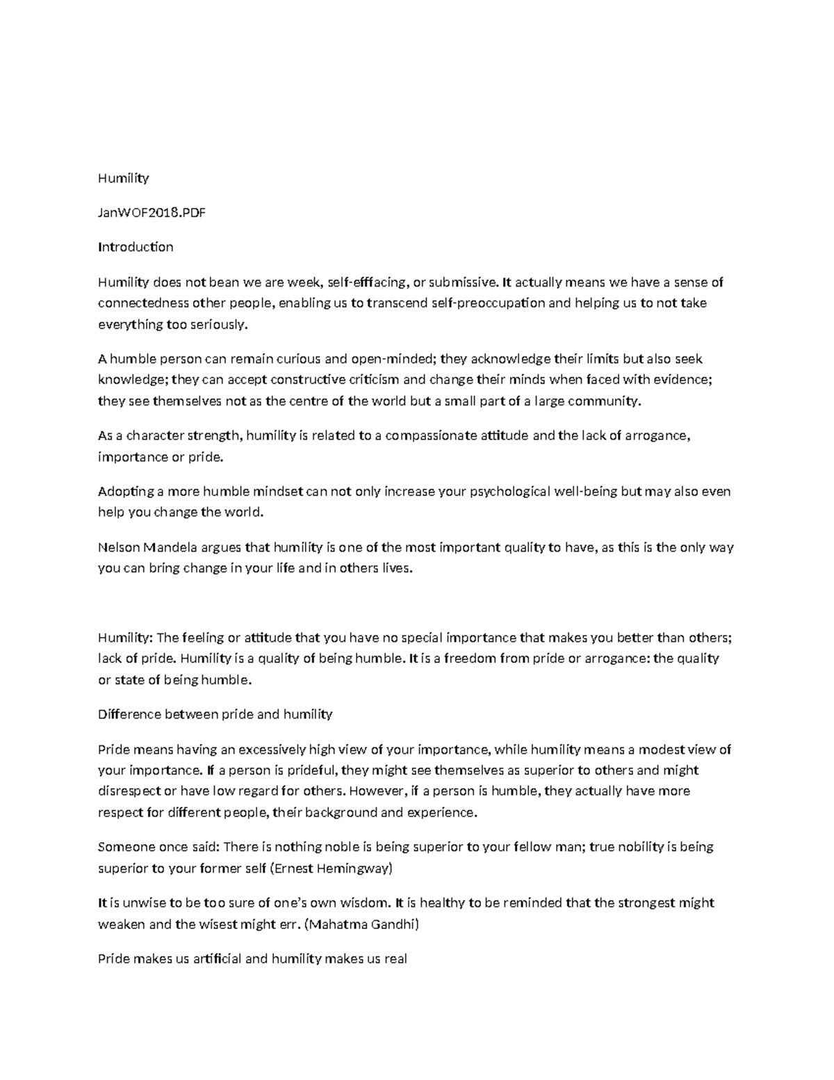 Humility - lecture note - Humility JanWOF2018 Introduction Humility ...