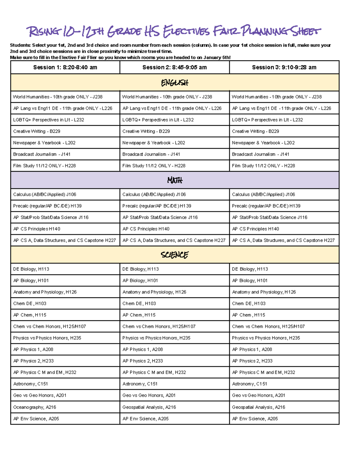 Copy of Rising 10-12 HS Elective Fair Planning Sheet - Rising 10-12th ...