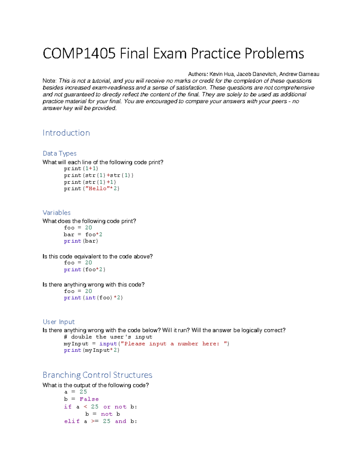 COMP1405 Final Exam Practice Problems - Studocu