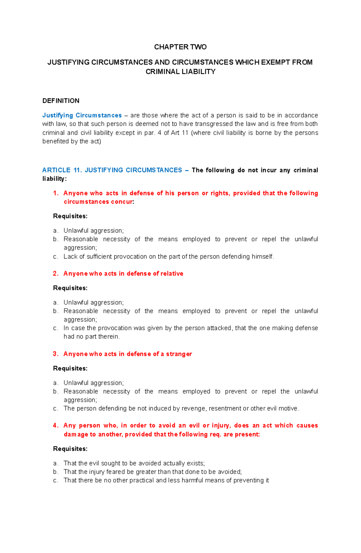 MY Notes ON Criminal LAW - CHAPTER TWO JUSTIFYING CIRCUMSTANCES AND ...