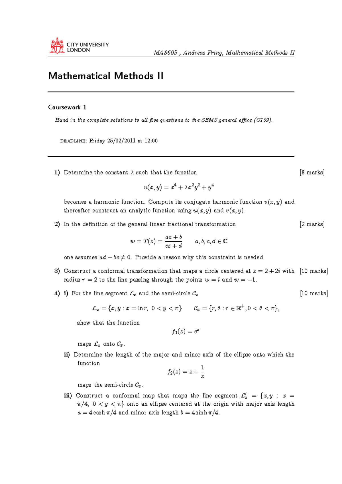 2010-2011 Coursework 1 - MA3605 , Andreas Fring, Mathematical Methods ...