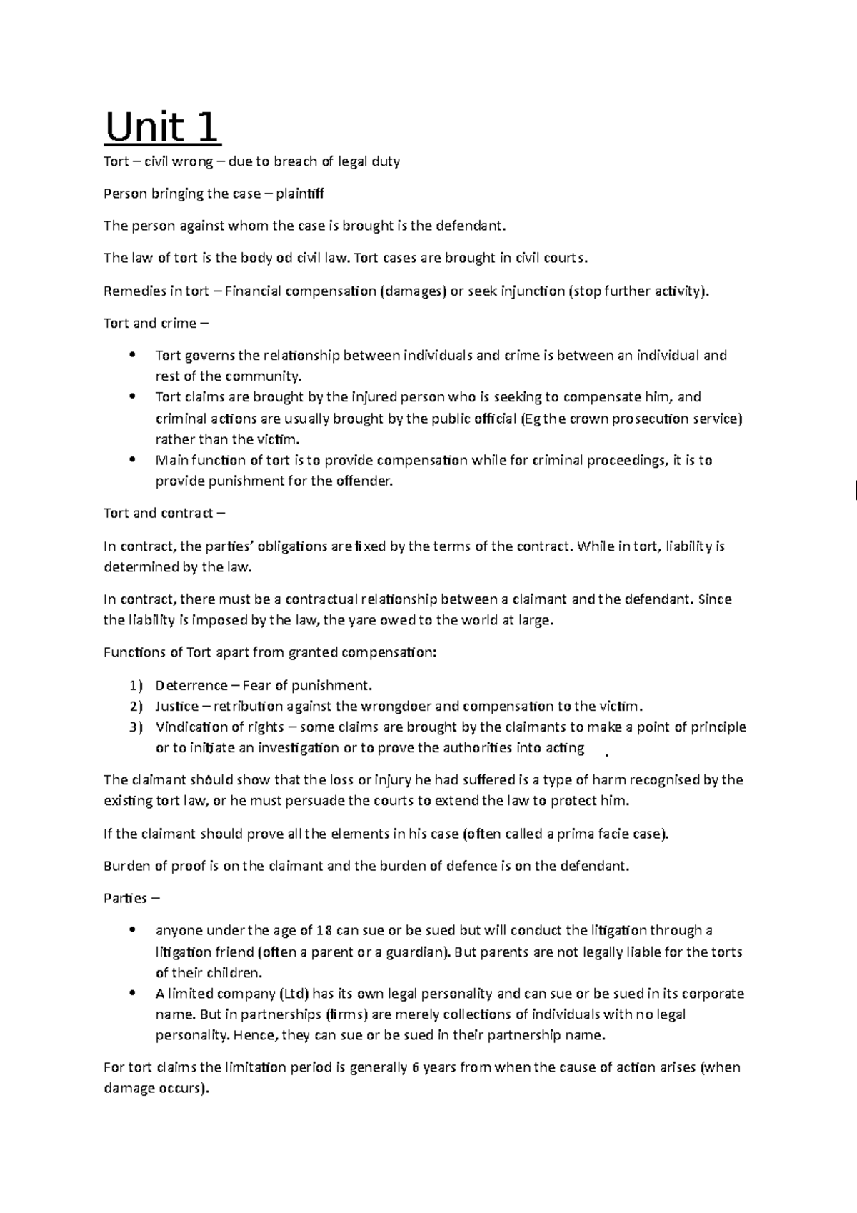 Tort - my notes - Summary of ULaw text book on Tort Law - Unit 1 Tort ...