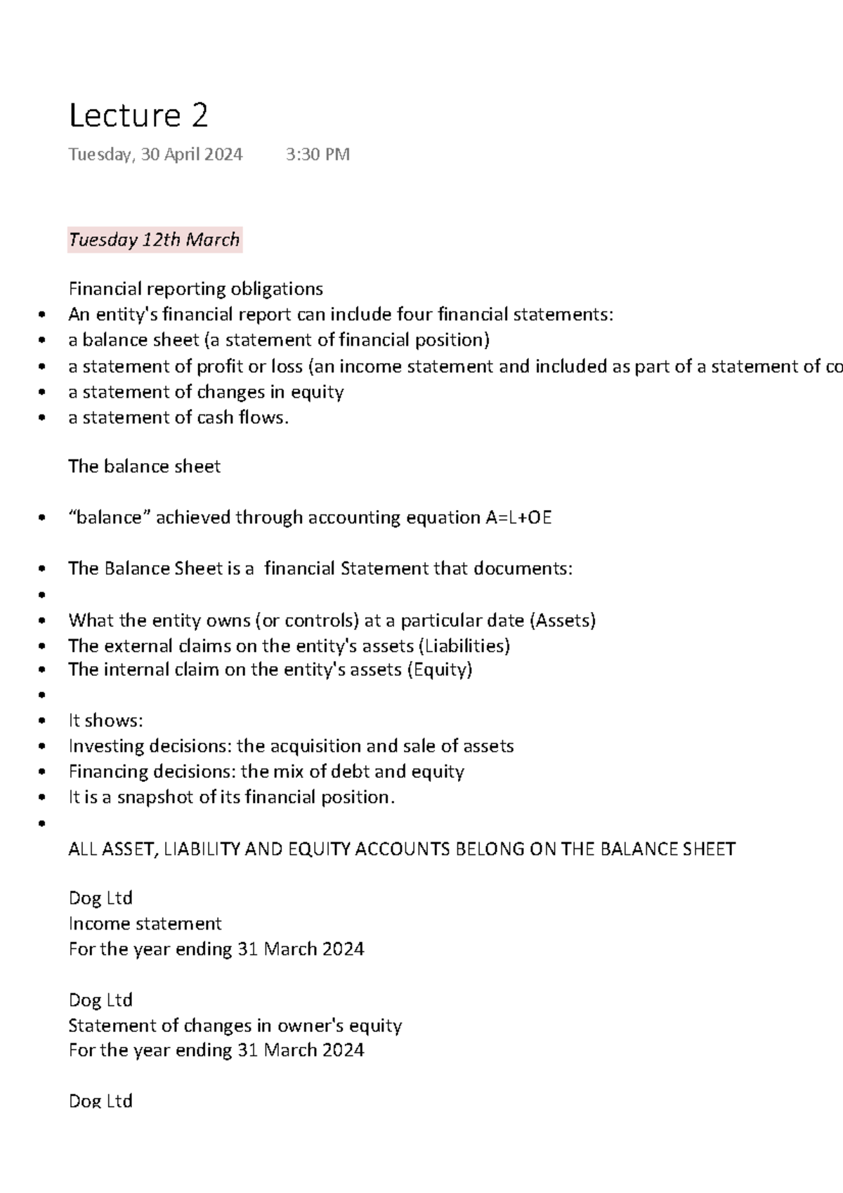 BSNS115 Week 3 Lecture 2 notes - Tuesday 12th March Financial reporting ...