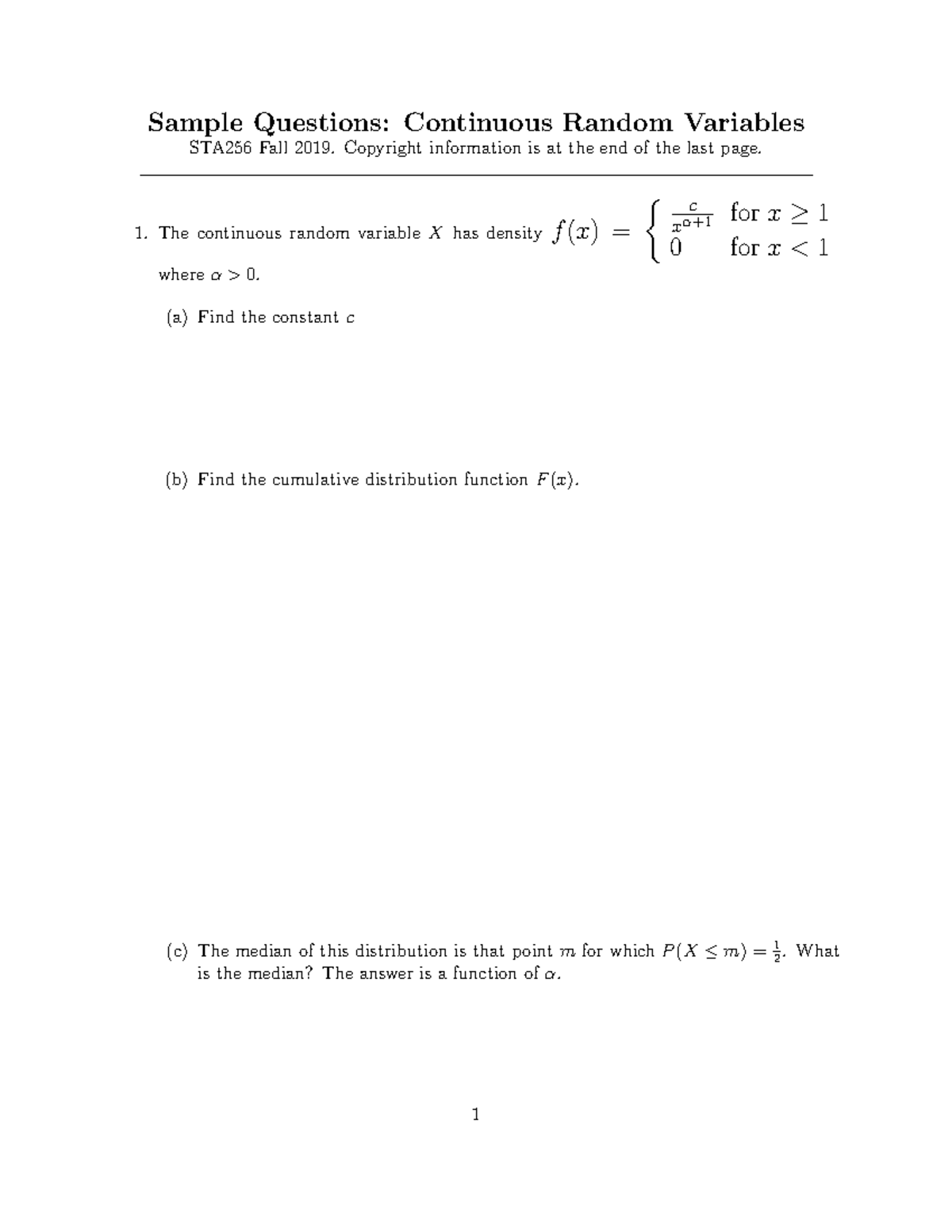 256f19Continuous RVs Sample Questions - Sample Questions: Continuous ...