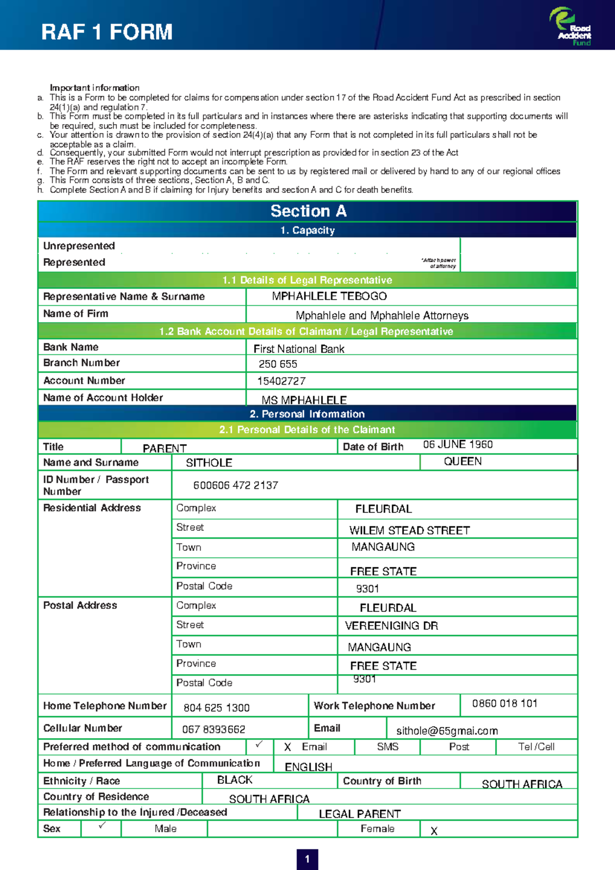 3652206 - law - RAF 1 FORM Important information a. This is a Form to ...