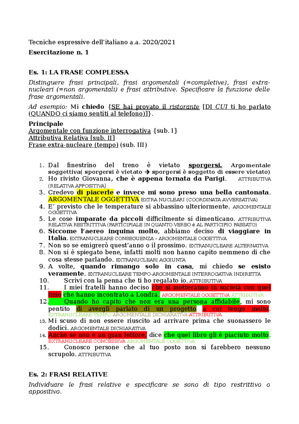 Esercizio LA FRASE COMPLESSA e FRASI A TESTA NON VERBALE E FRASI ...