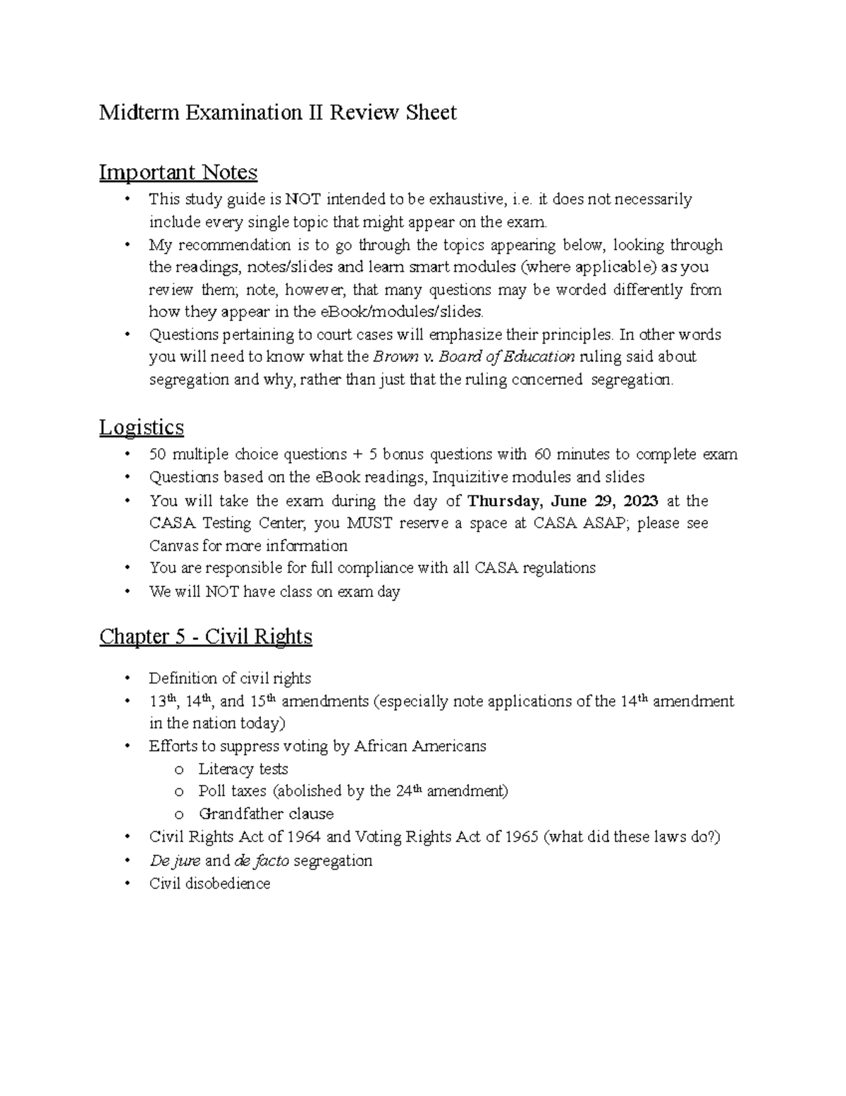Midterm Study Guide - Midterm Examination II Review Sheet Important ...