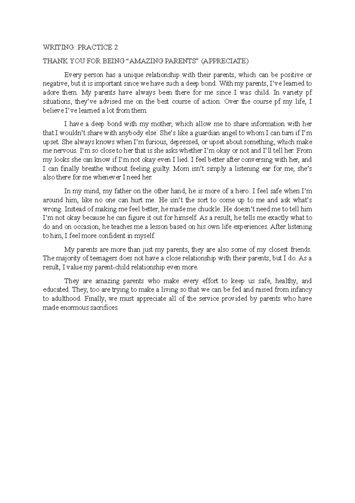 Writing 2 - Its just a essay - WRITING: PRACTICE 2 THANK YOU FOR BEING ...