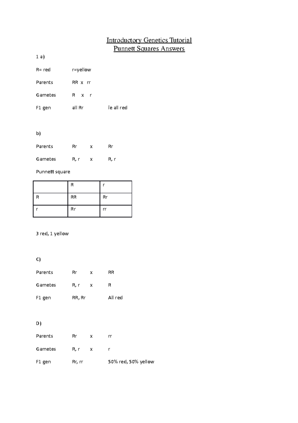 Punnett squares ans - biology tutorial work - Introductory Genetics ...