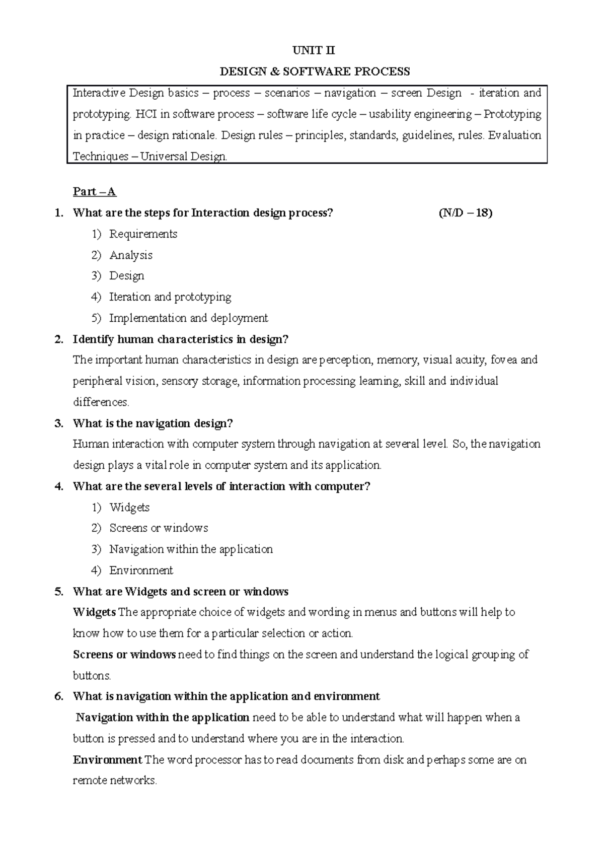 UNIT II QB - UNIT II DESIGN & SOFTWARE PROCESS Interactive Design basics – process – scenarios ...