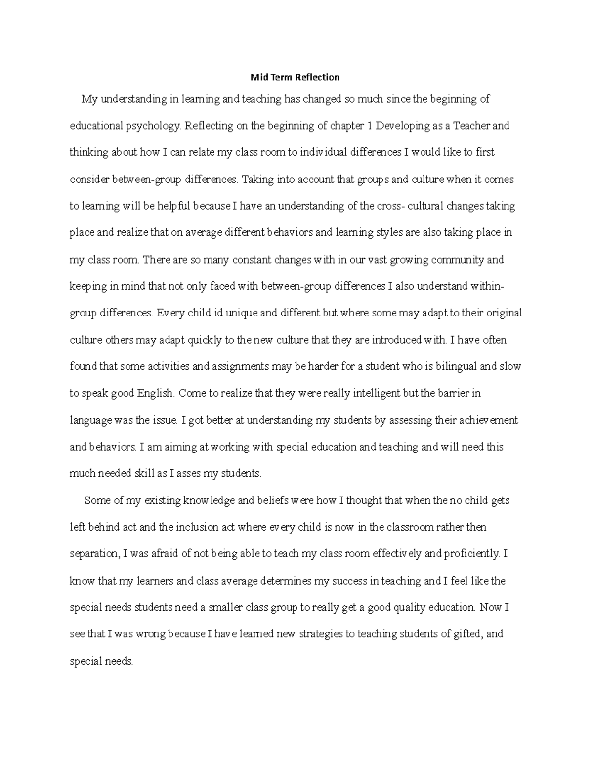 Mid Term Reflection EDU PSY - Mid Term Reflection My understanding in ...