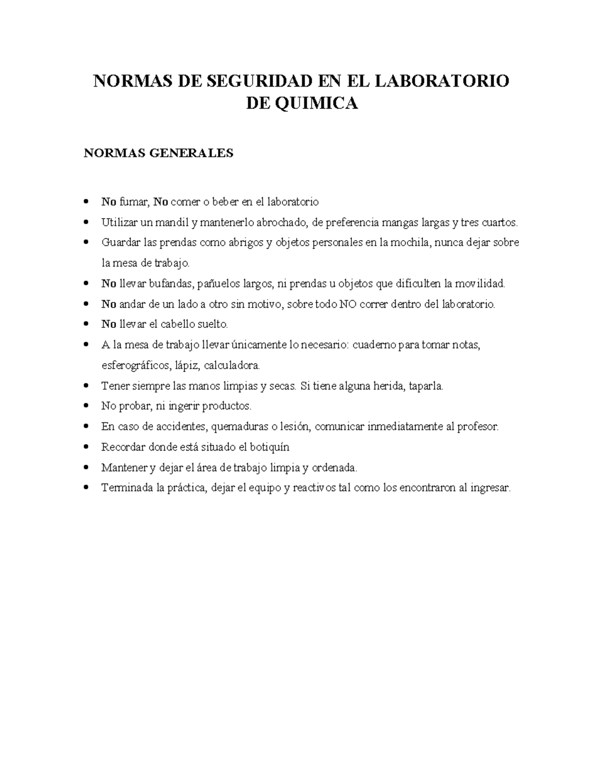 Normas DE Seguridad EN EL Laboratorio DE Quimica (10) - NORMAS DE SEGURIDAD EN EL LABORATORIO DE ...