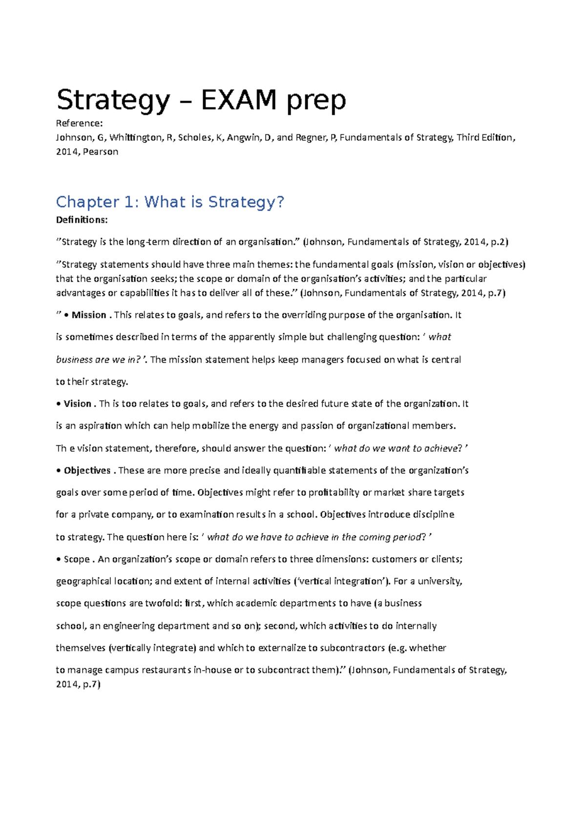 Strategy Exam prep 2020 - Strategy – EXAM prep Reference: Johnson, G ...