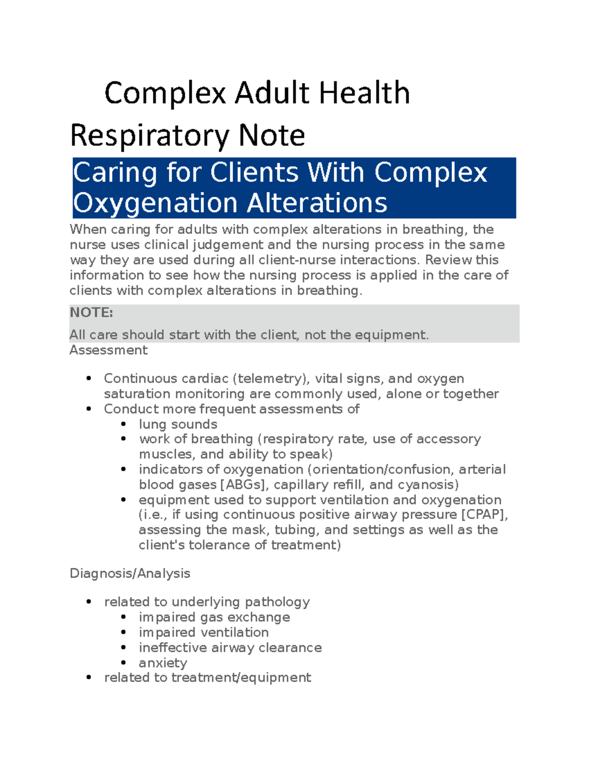 Complex Adult Health Respiratory Note - Complex Adult Health ...