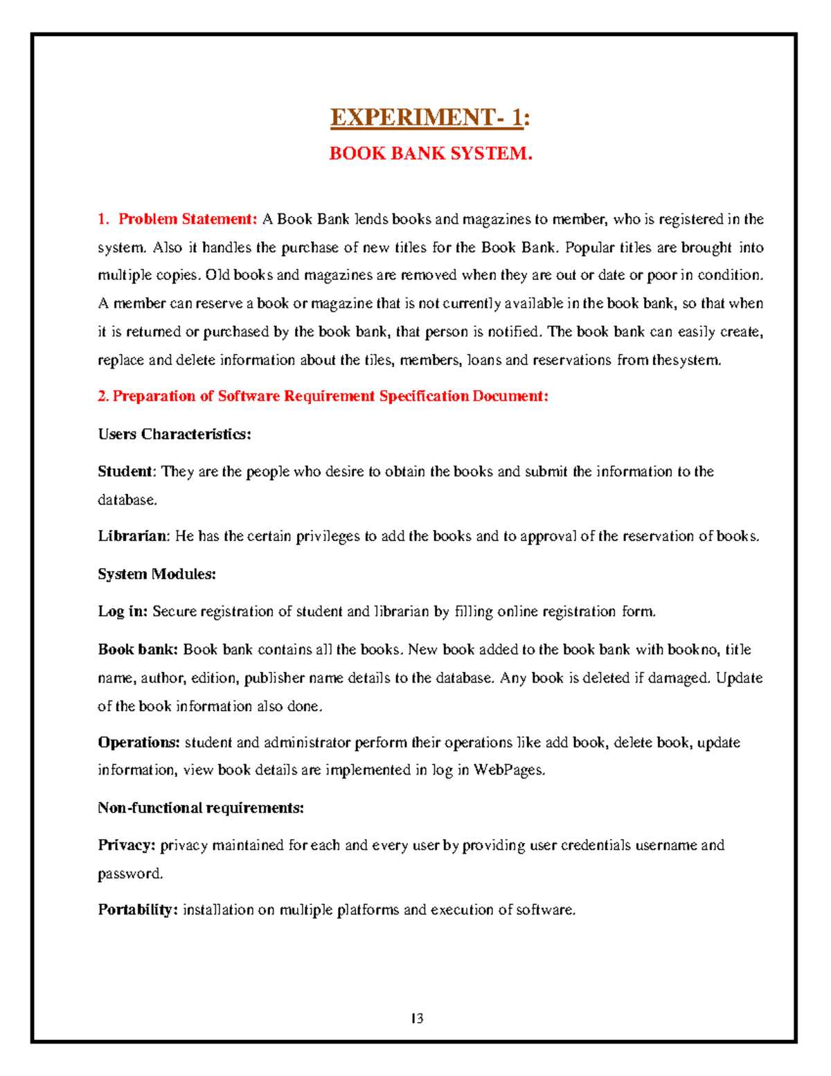 Lab manual-13-58 - software engineering lab - EXPERIMENT- 1 : BOOK BANK SYSTEM. Problem ...