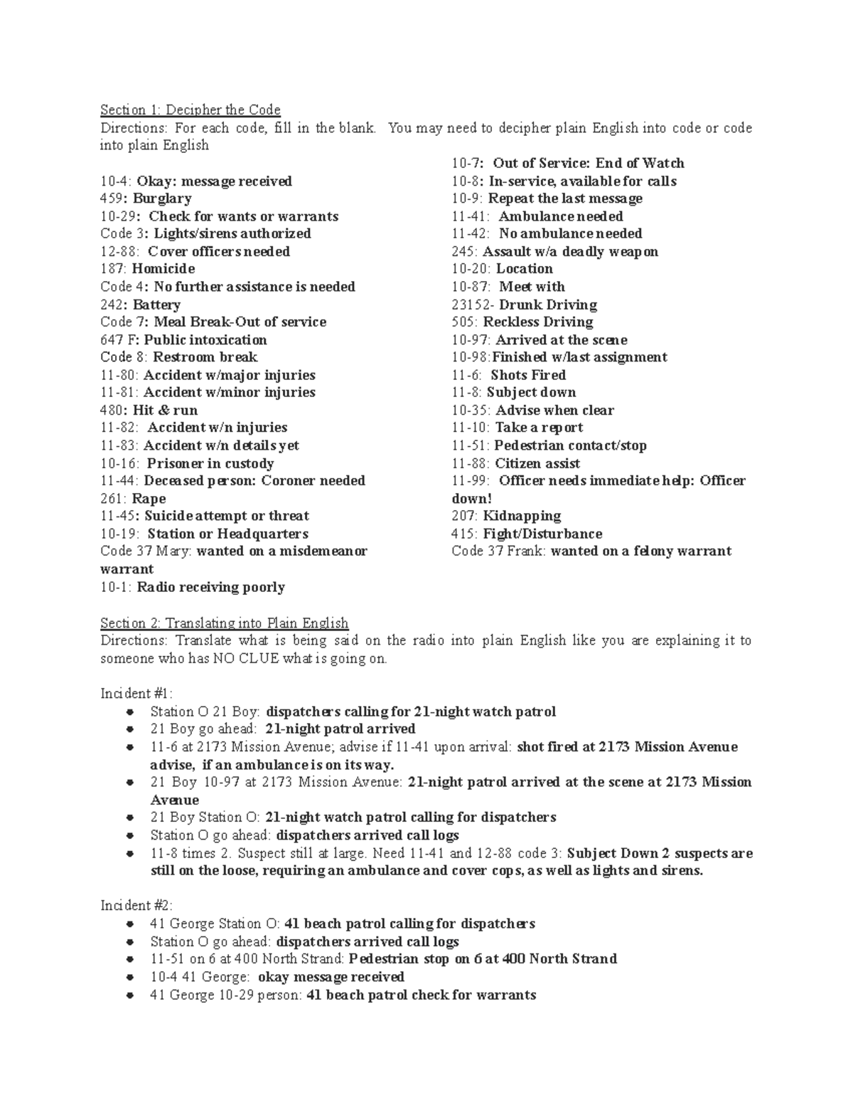Radio Codes Worksheet Section 1 Decipher The Code Directions For