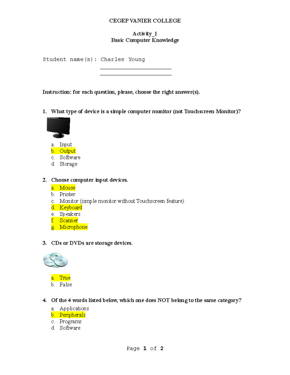 Activity 1 Basic Computer Knowledge - CEGEP VANIER COLLEGE Activity ...