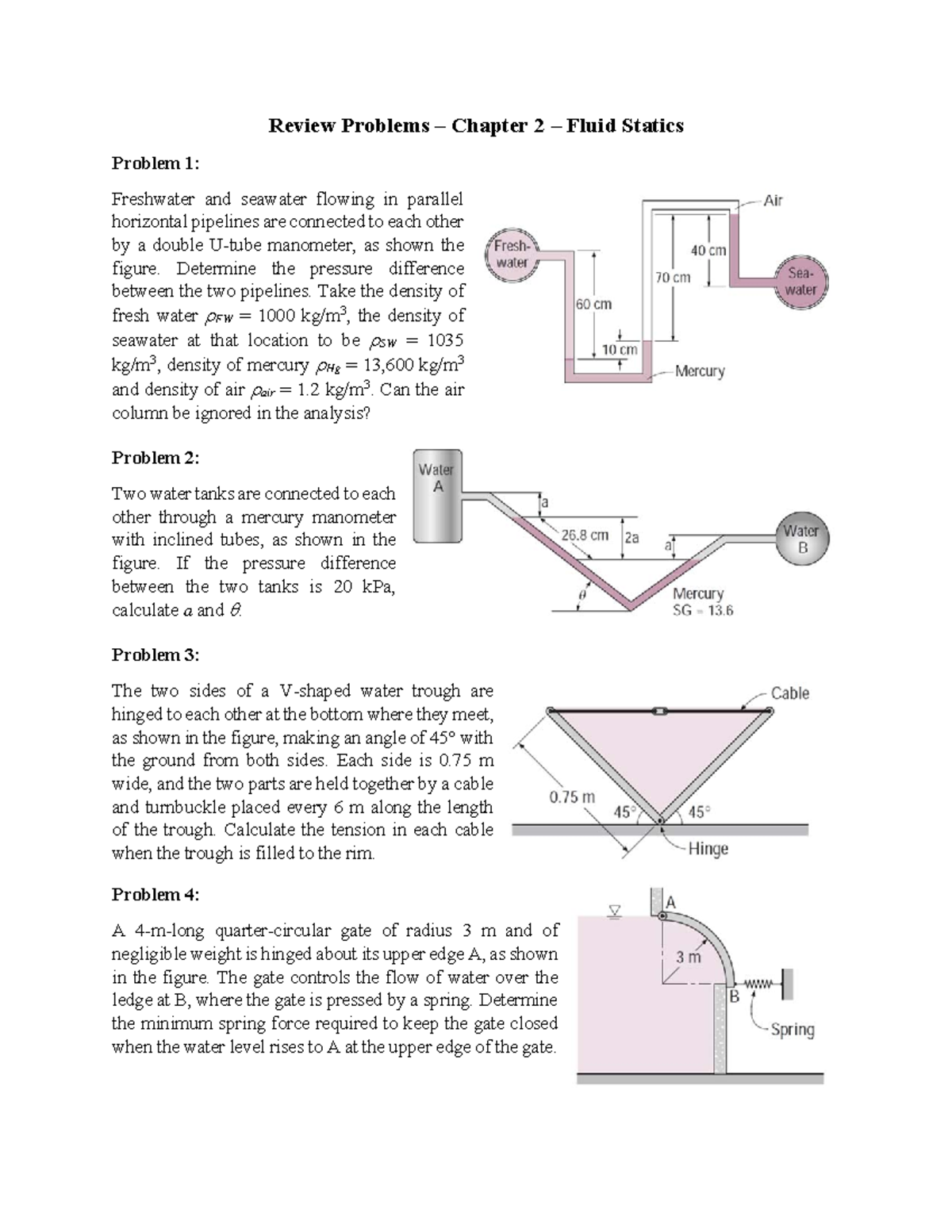 Chapter 2 - Fluid Statics - Review Problems - Review Problems – Chapter 2 – Fluid Statics ...