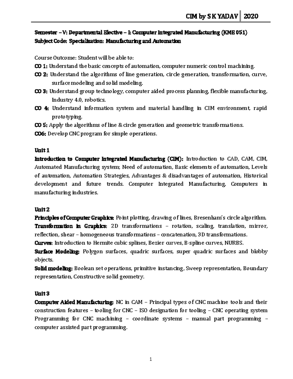 UNIT-I- Introduction to CIM - Semester – V: Departmental Elective – I ...