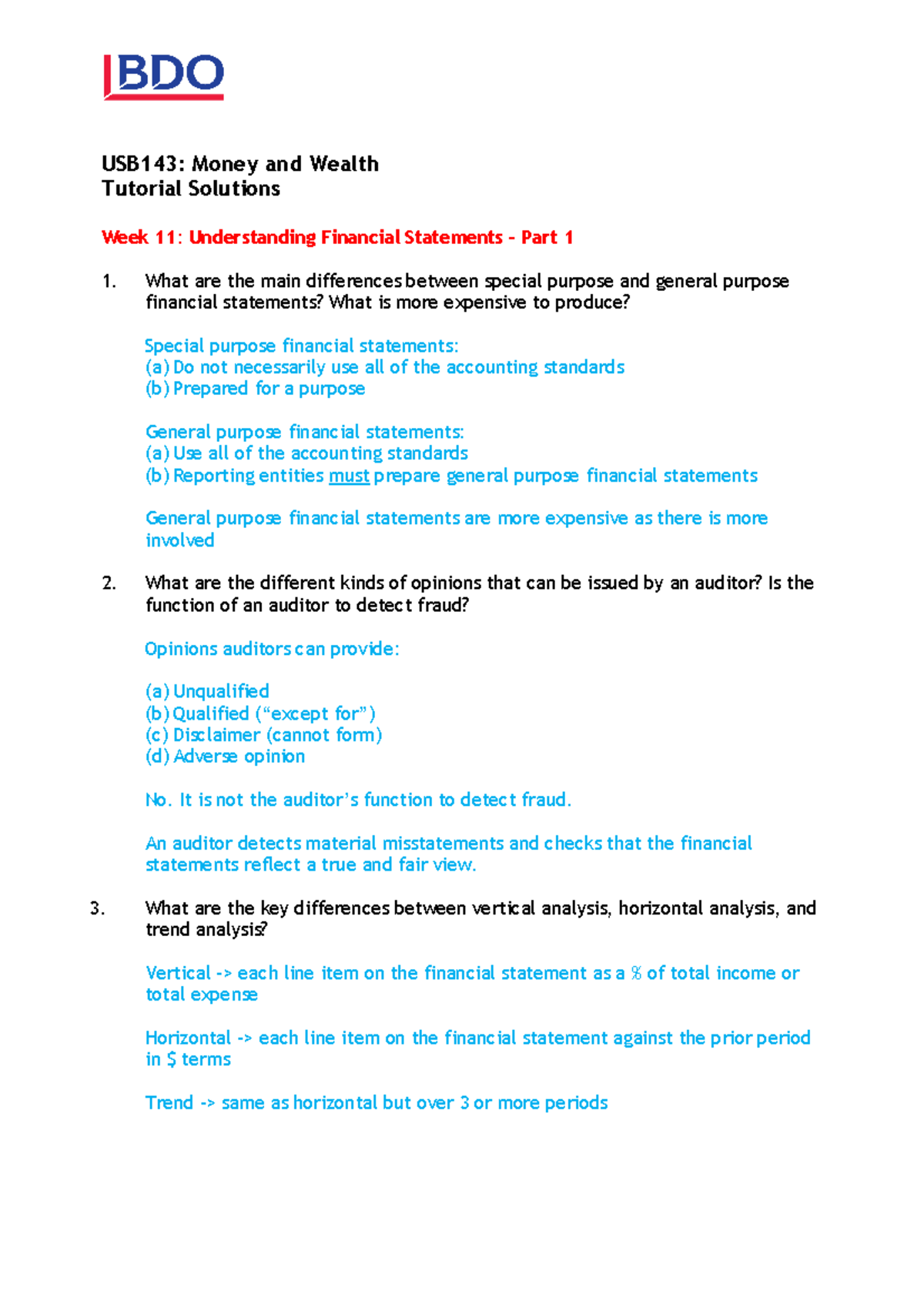 USB143 Tutorial 11 Solutions - USB143: Money and Wealth Tutorial Solutions Week 11 ...