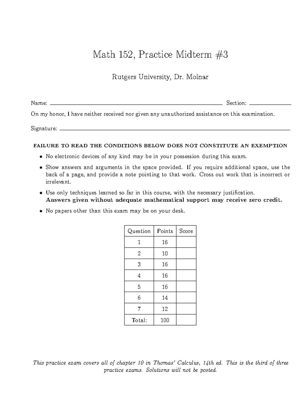 152exam3-practice version 2022 - Math 152, Practice Midterm Rutgers University, Dr. Molnar Name ...