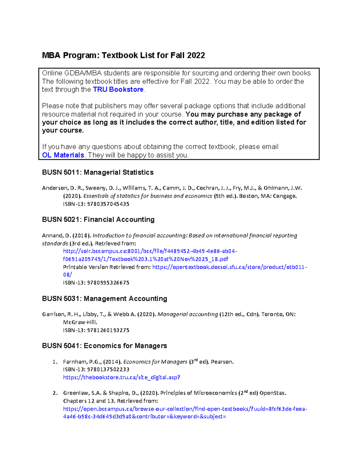 MBA Textbook List - n/a - MBA Program: Textbook List for Fall 2022 ...