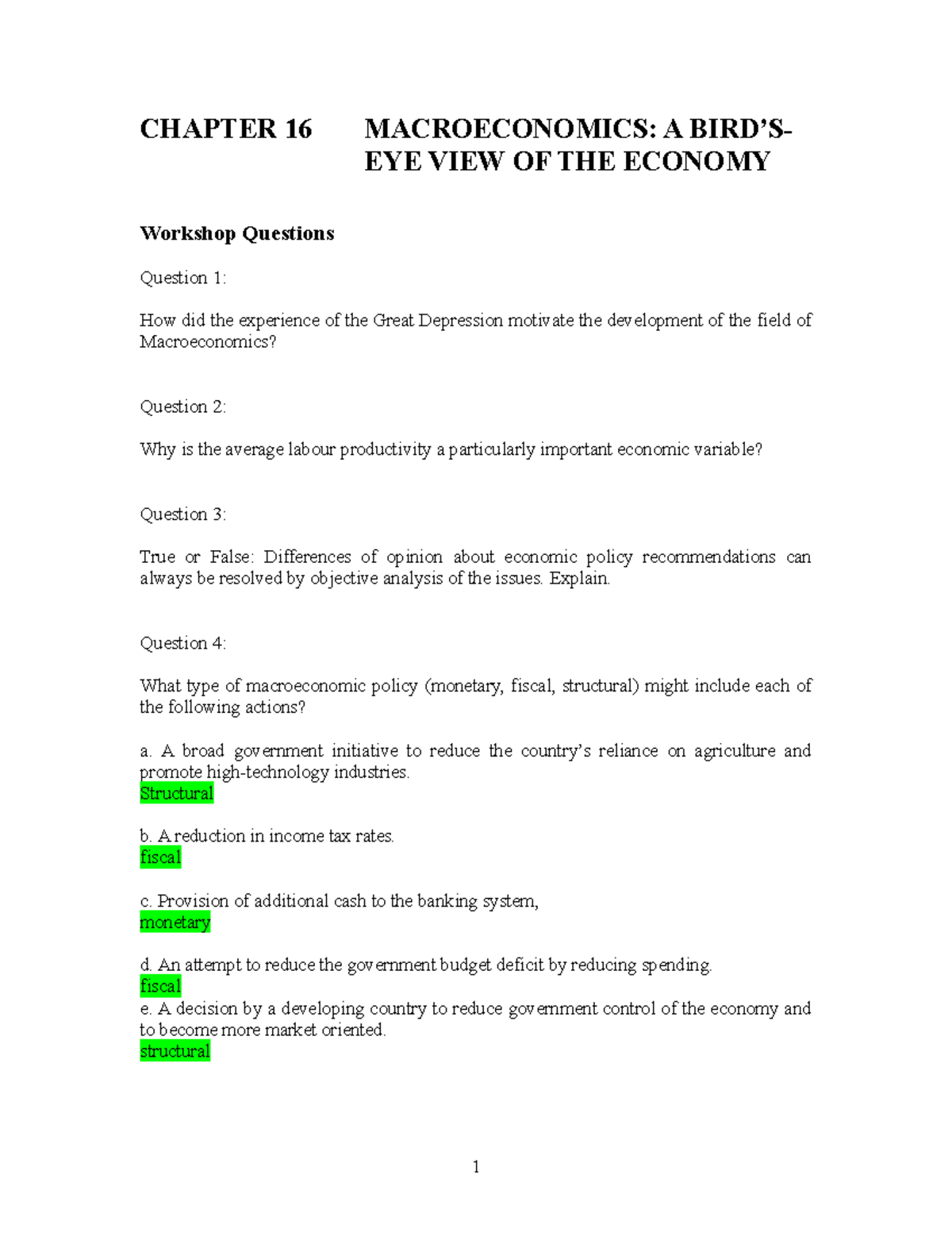 Chapter 16 - Intro to Macro Questions - CHAPTER 16 MACROECONOMICS: A BIRD’S- EYE VIEW OF THE ...