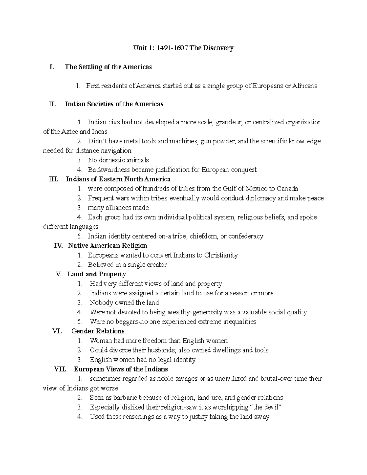 Unit1Notes - Unit 1: 1491-1607 The Discovery I. The Settling of the ...