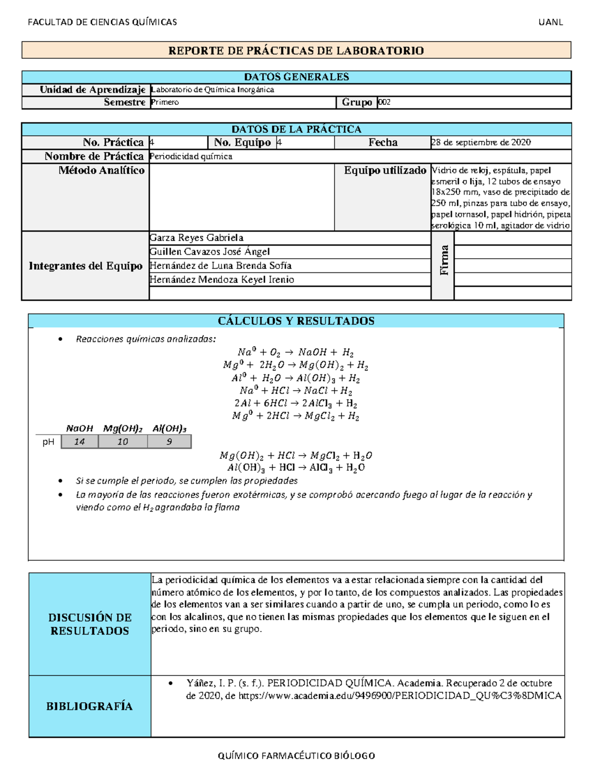 Practica 4 Periodicidad Química - Warning: TT: undefined function: 32 FACULTAD DE CIENCIAS ...