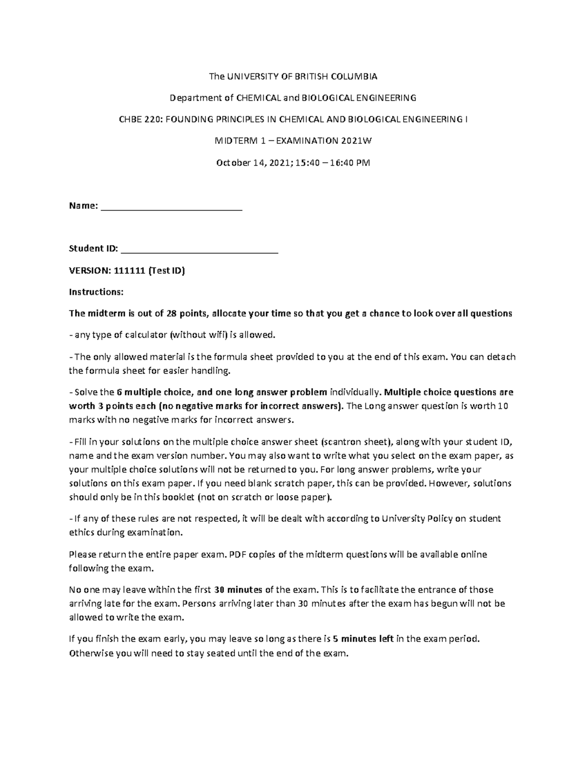 CHBE220 Midterm 1 2021W-v1 - The UNIVERSITY OF BRITISH COLUMBIA ...
