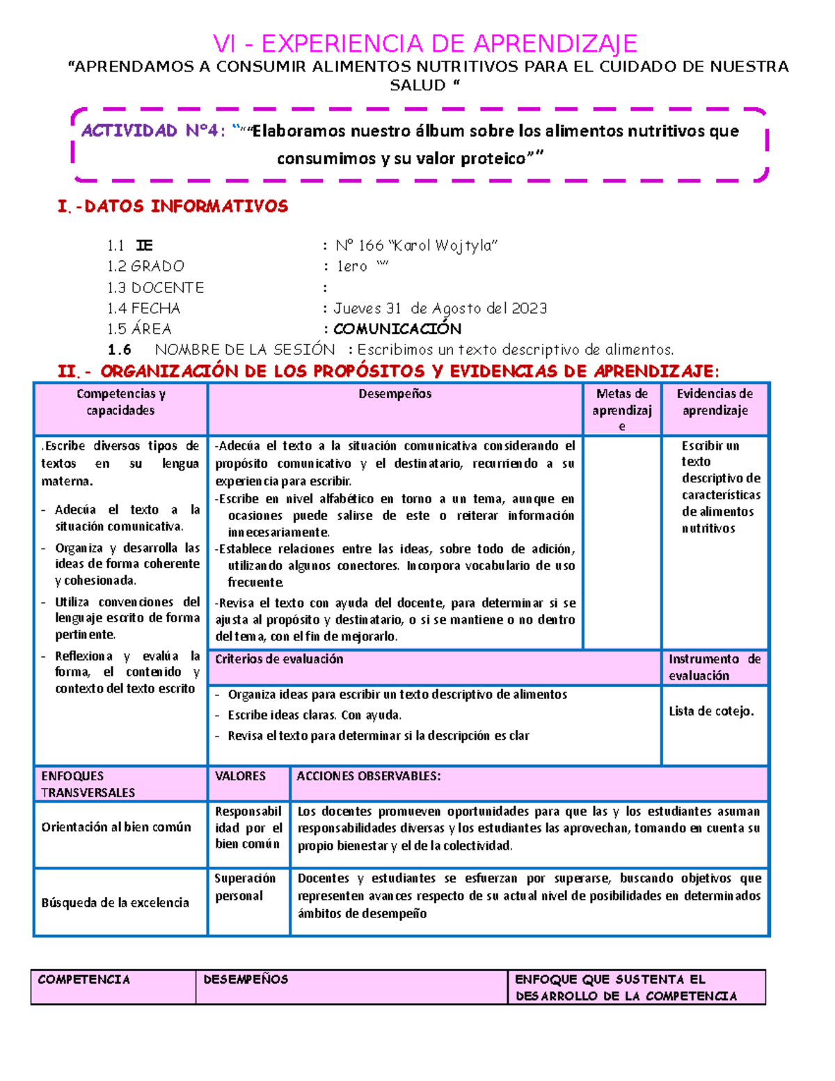 Sesion del jueves 31 de agosto - VI - EXPERIENCIA DE APRENDIZAJE ...