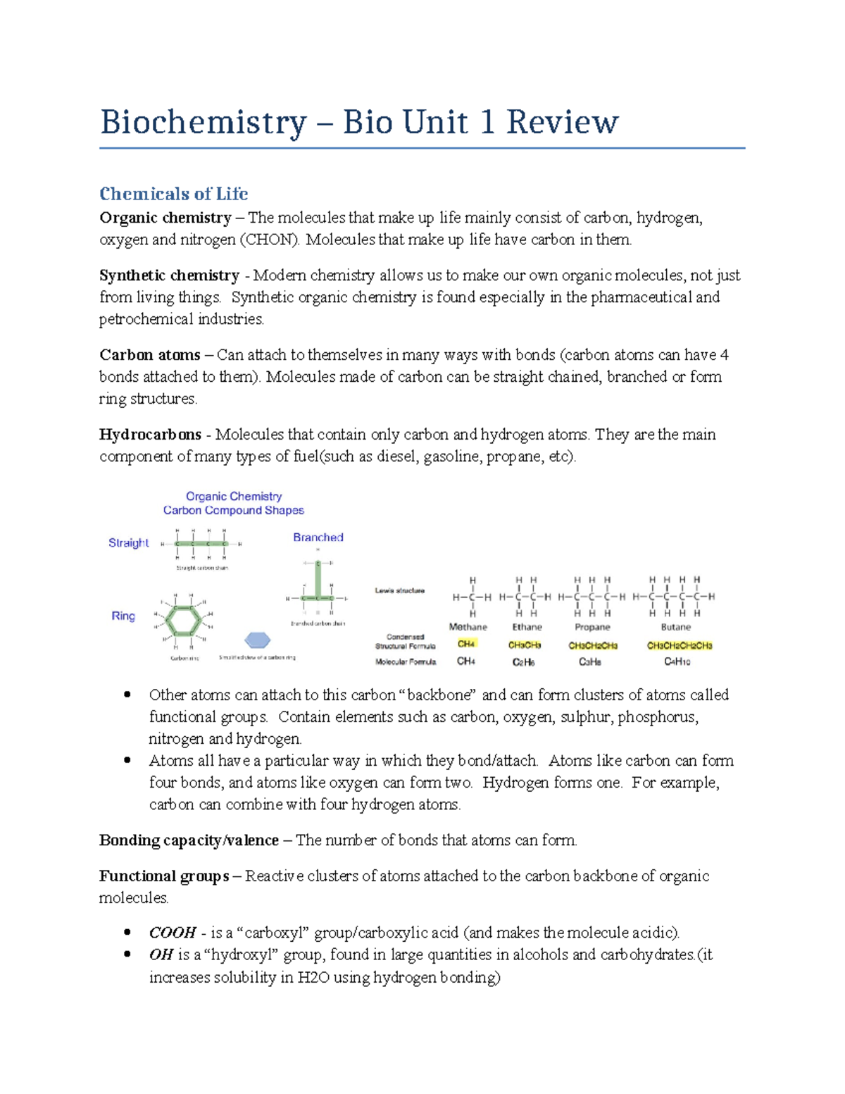 Biochemistry Chapter 1 Review - Biochemistry – Bio Unit 1 Review Chemicals of Life Organic ...