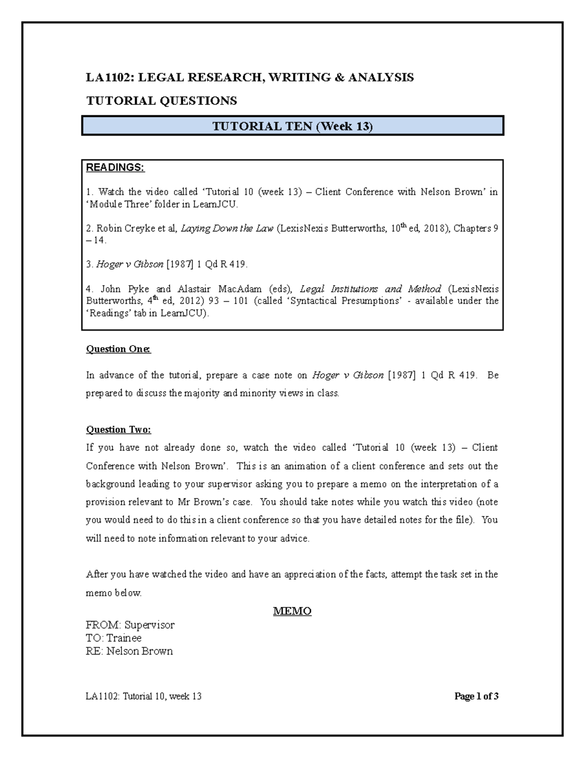 LA1102 Tutorial 10 Qs (2018 ) - LA1102: LEGAL RESEARCH, WRITING ...