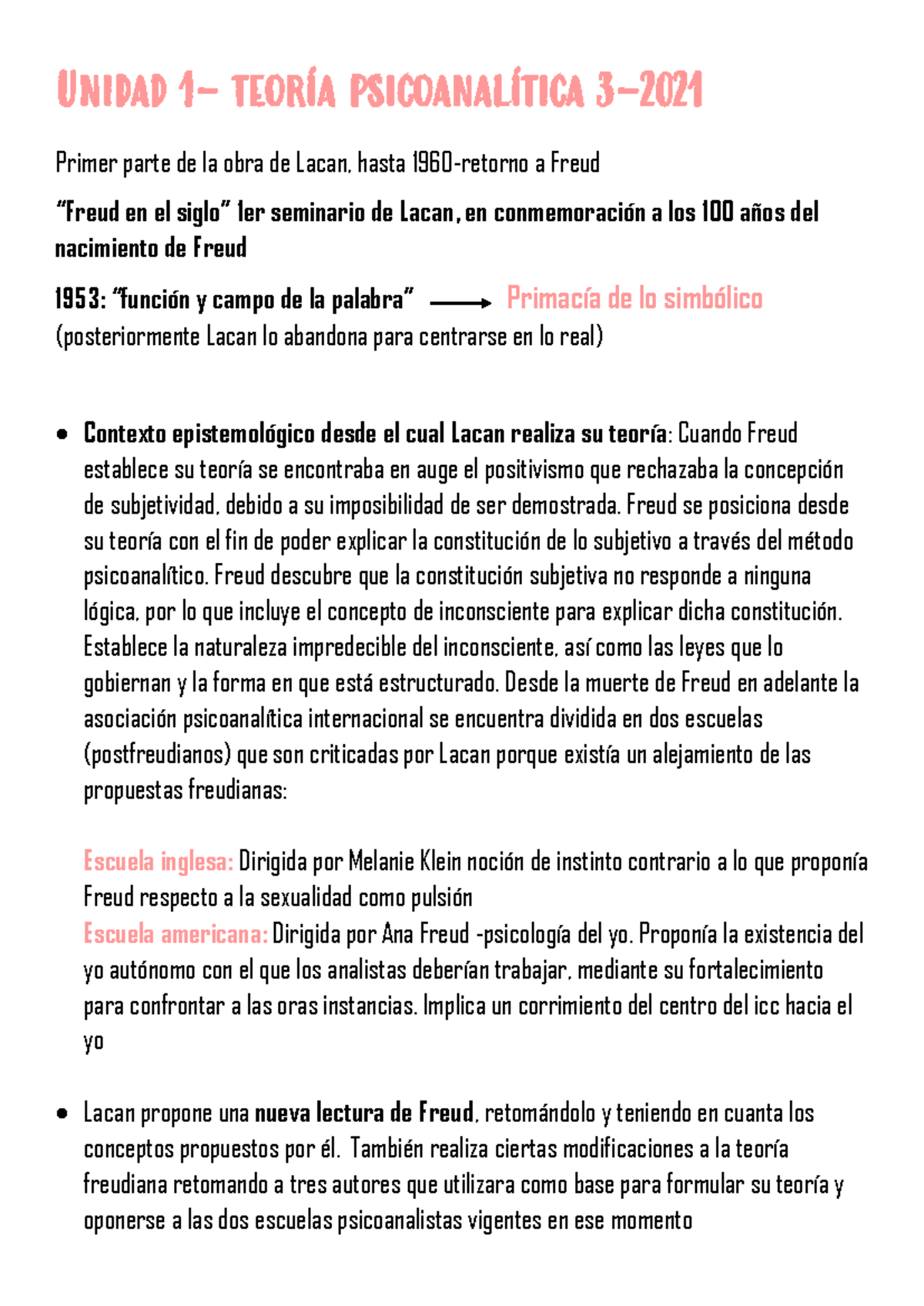 Resumen 2021 Hasta U5 - Unidad 1- teoría psicoanalítica 3- 2021 Primer ...