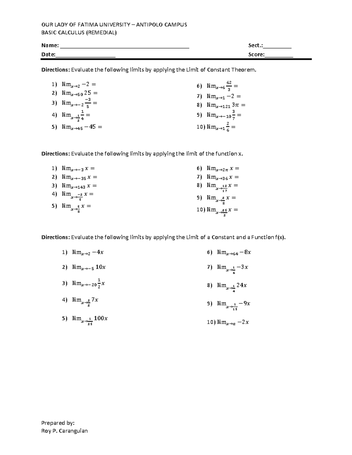 Assignment 2 0 Limit Theorem - BASIC CALCULUS (REMEDIAL) Prepared by ...
