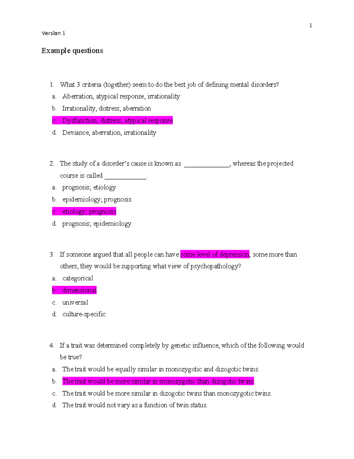 Psy 230 example questions - Version 1 Example questions What 3 criteria ...