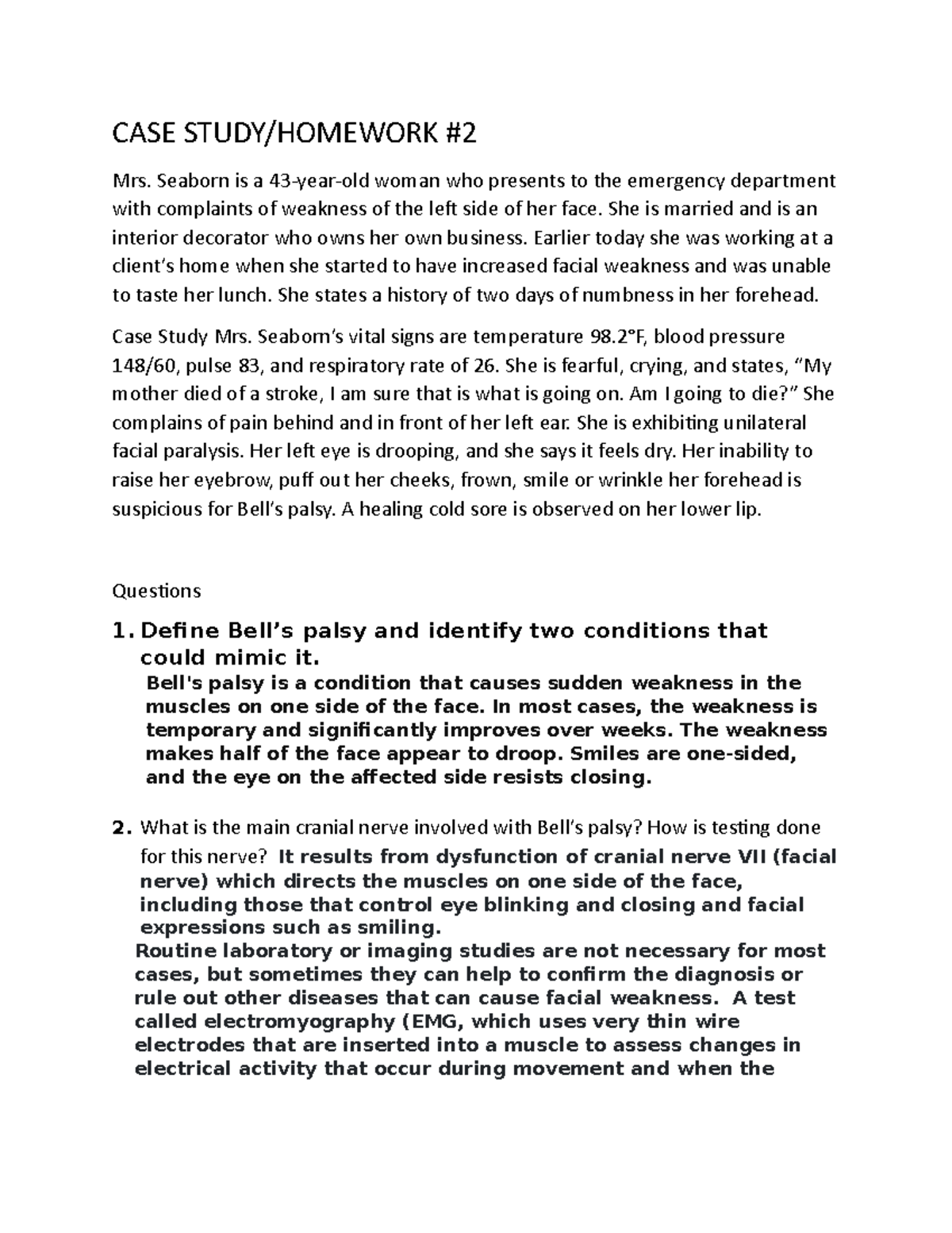 CASE Study Homework 2 - CASE STUDY/HOMEWORK # Mrs. Seaborn is a 43-year ...