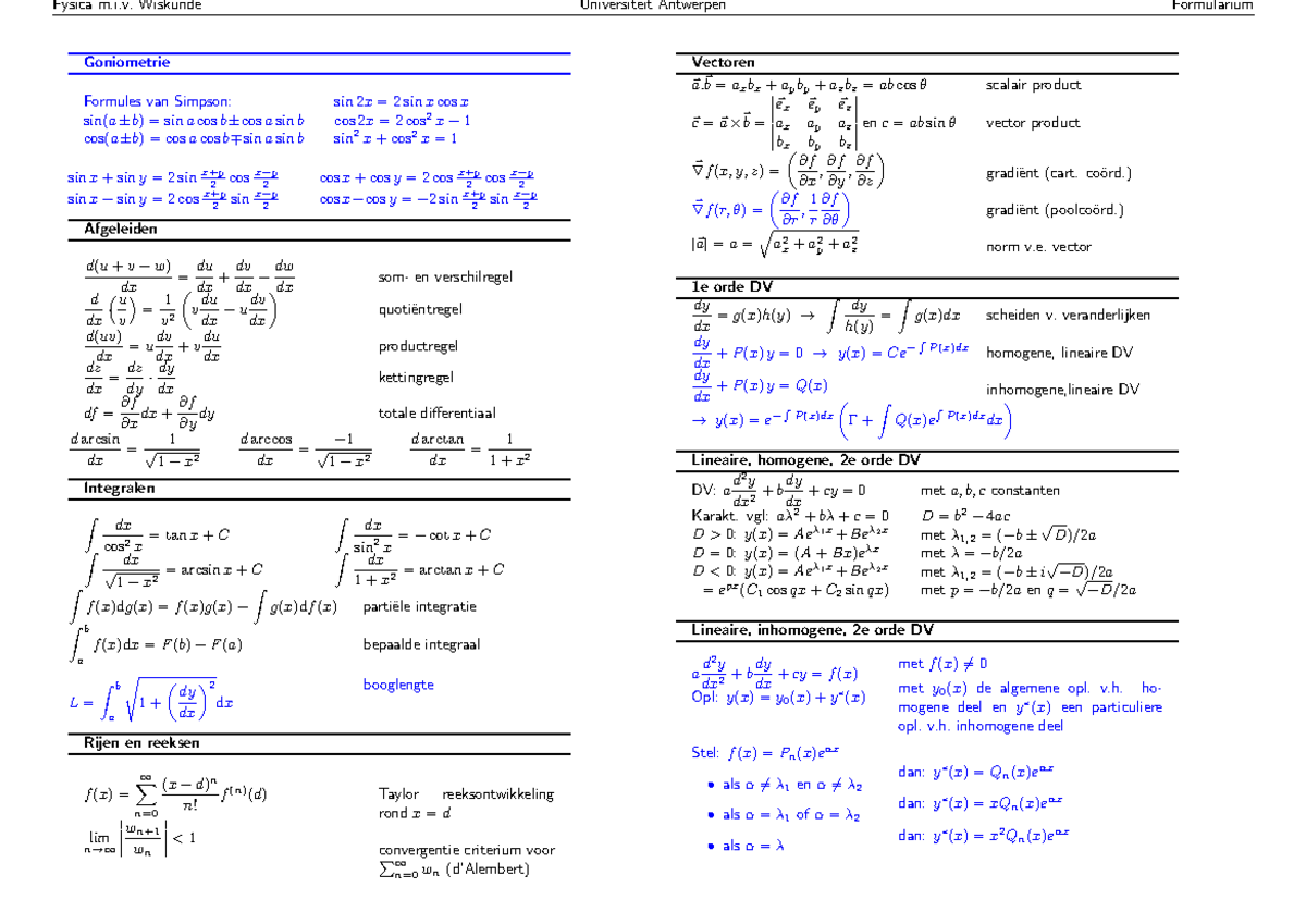Formularium(19) - Goniometrie Formules van Simpson: sin(a±b) = sinacosb ...