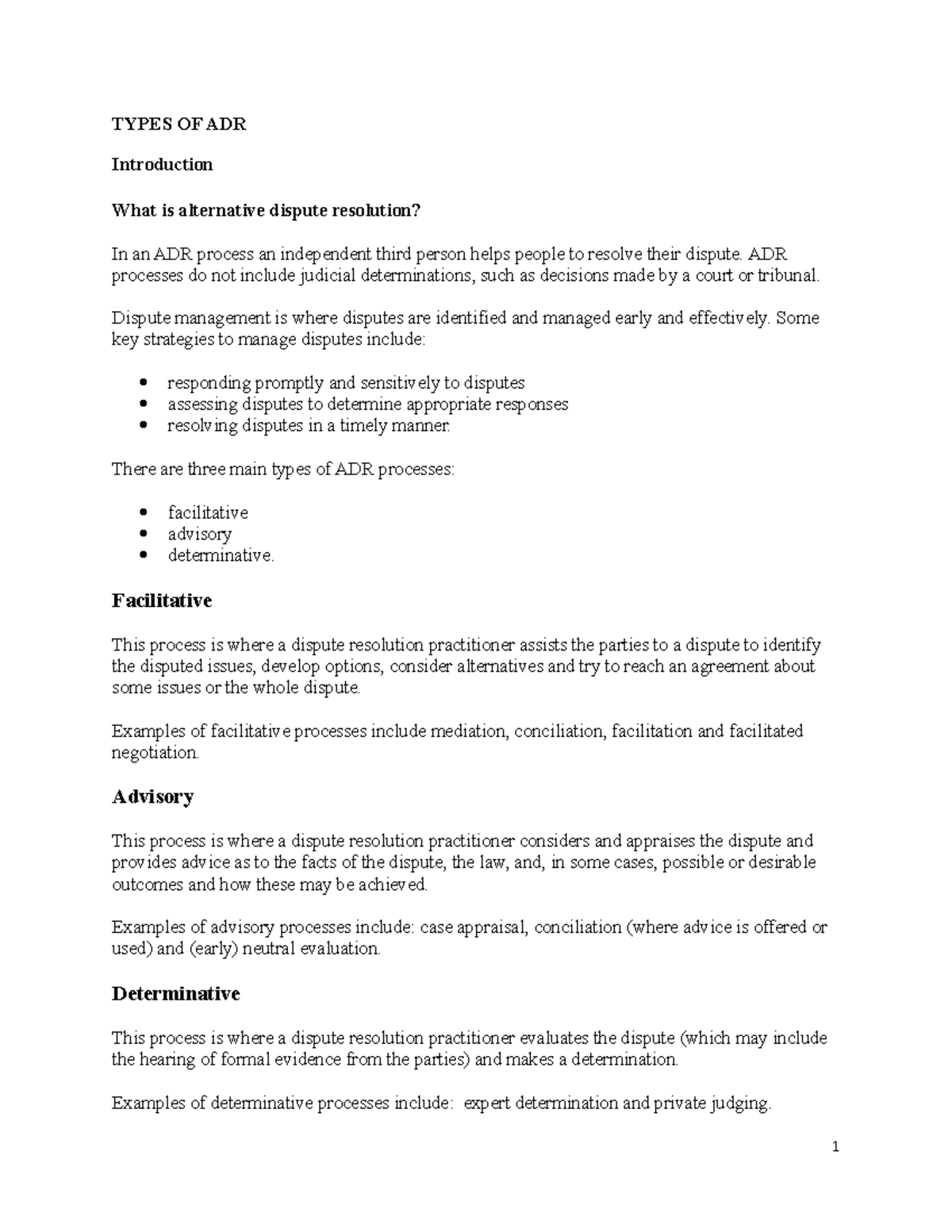 Types of ADR - Lecture notes 1 - TYPES OF ADR Introduction What is ...
