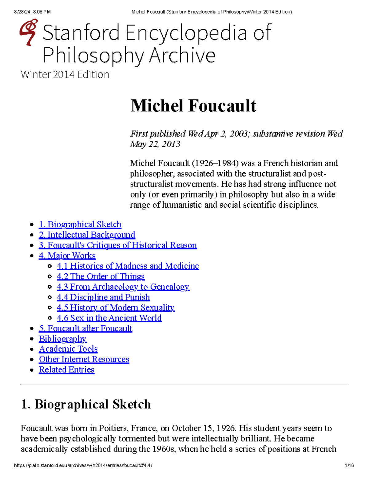 Michel Foucault (Stanford Encyclopedia of Philosophy Winter 2014 ...