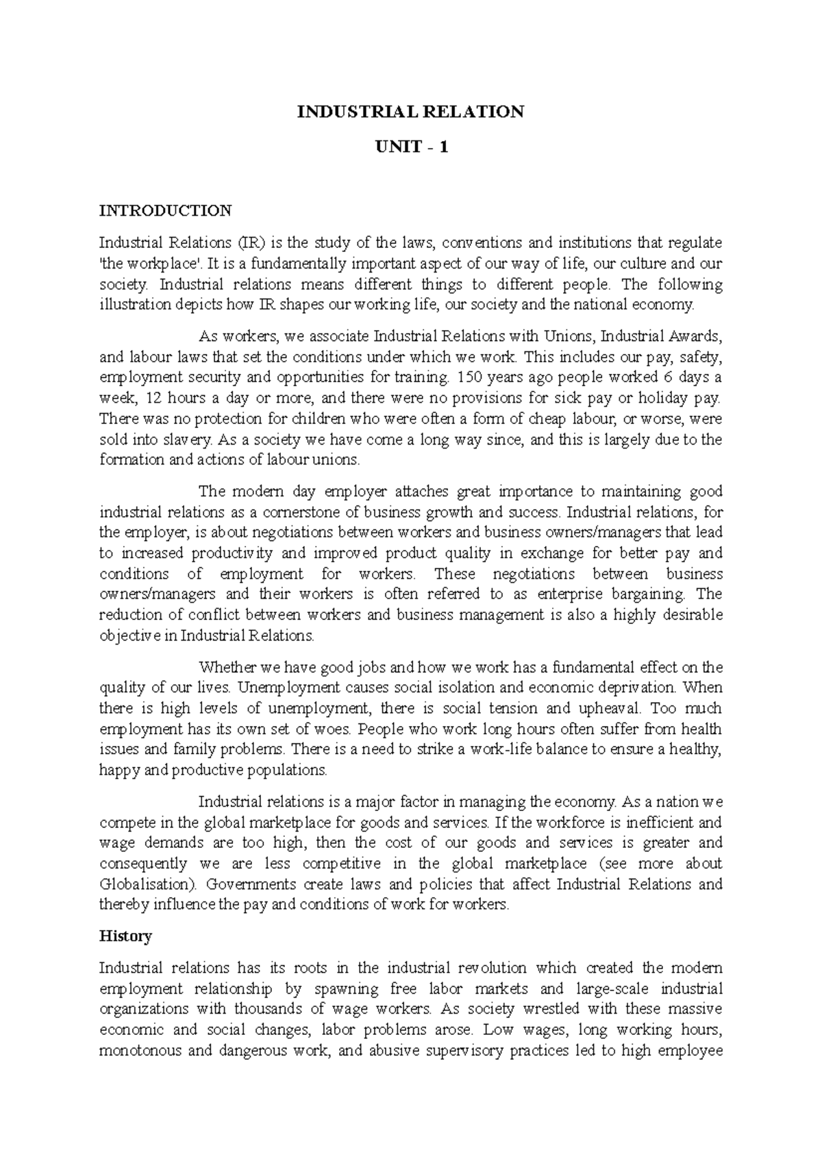 IR UNIT 1 - This notes is about industrial relations - INDUSTRIAL ...