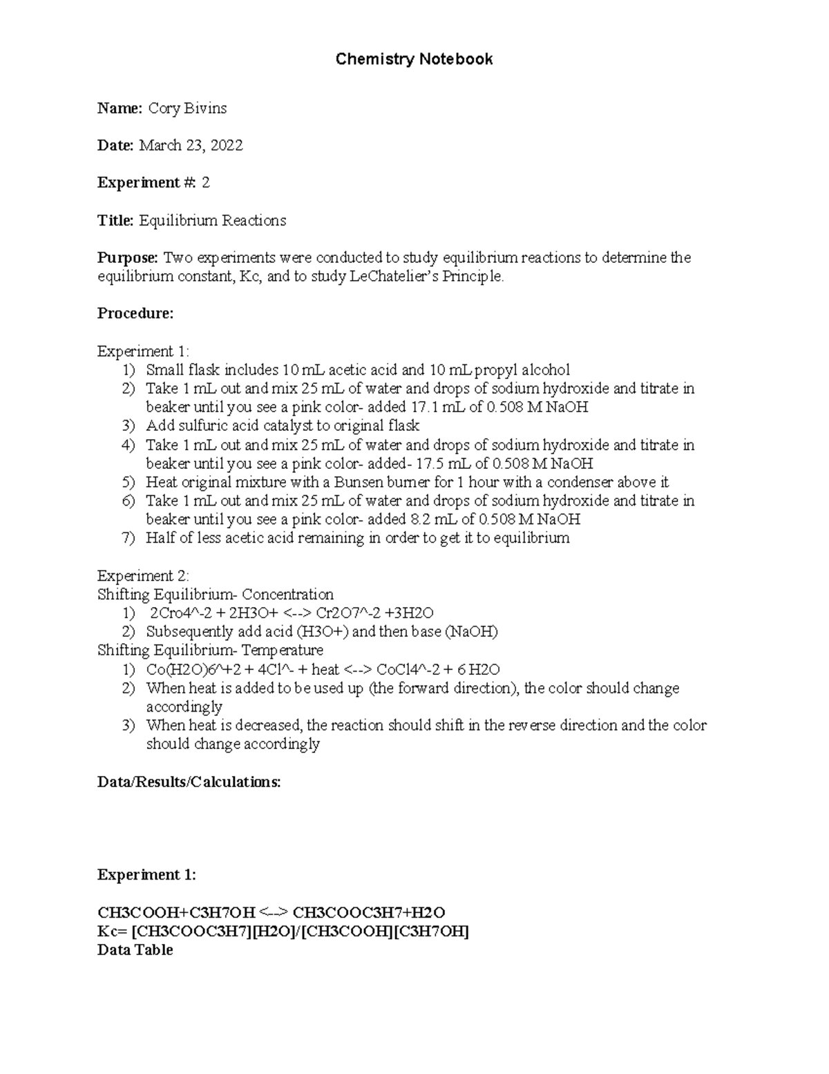 Chemistry Notebook #2 - work - Chemistry Notebook Name: Cory Bivins ...