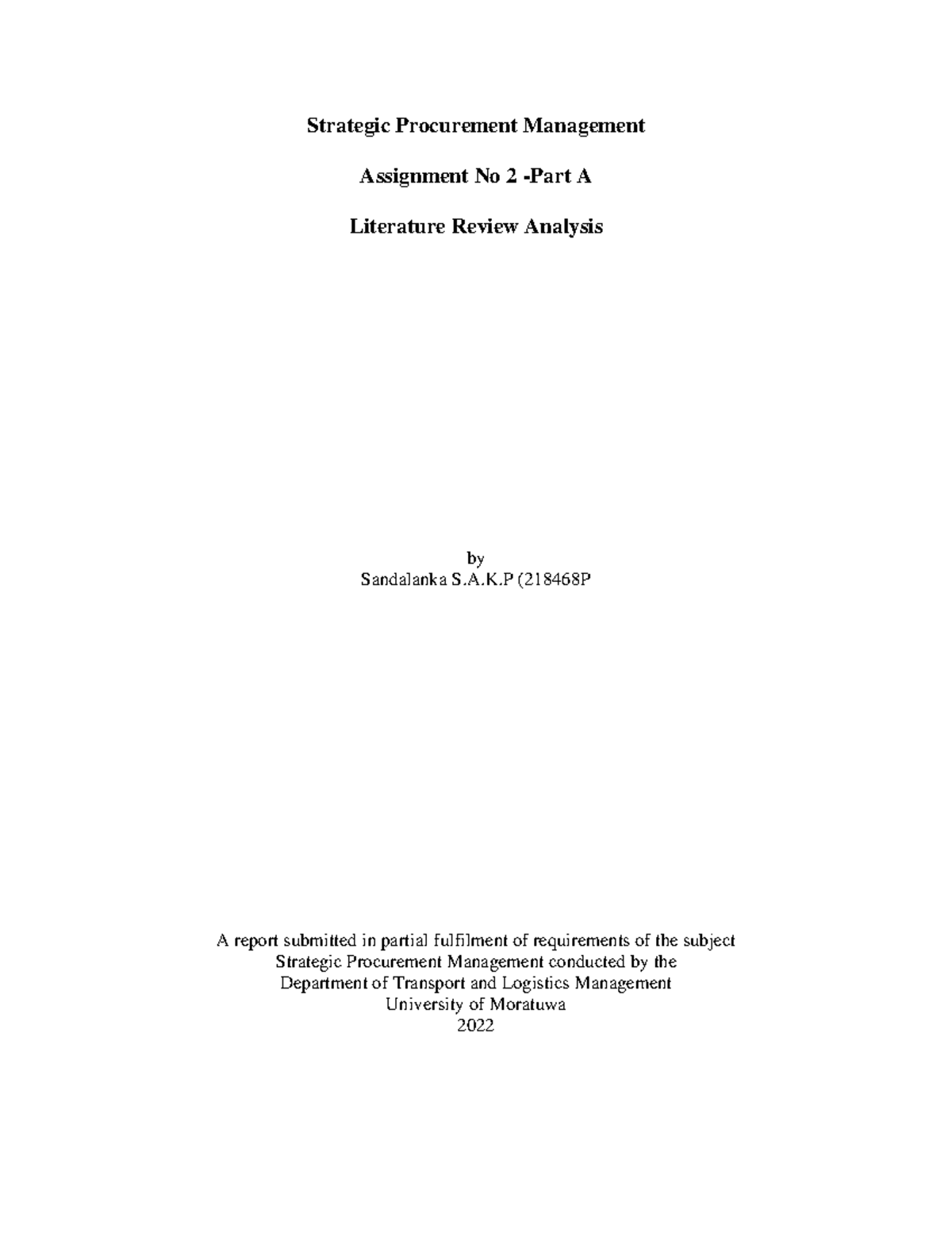 Individual Assignment (a) - Strategic Procurement Management Assignment No 2 -Part A Literature ...