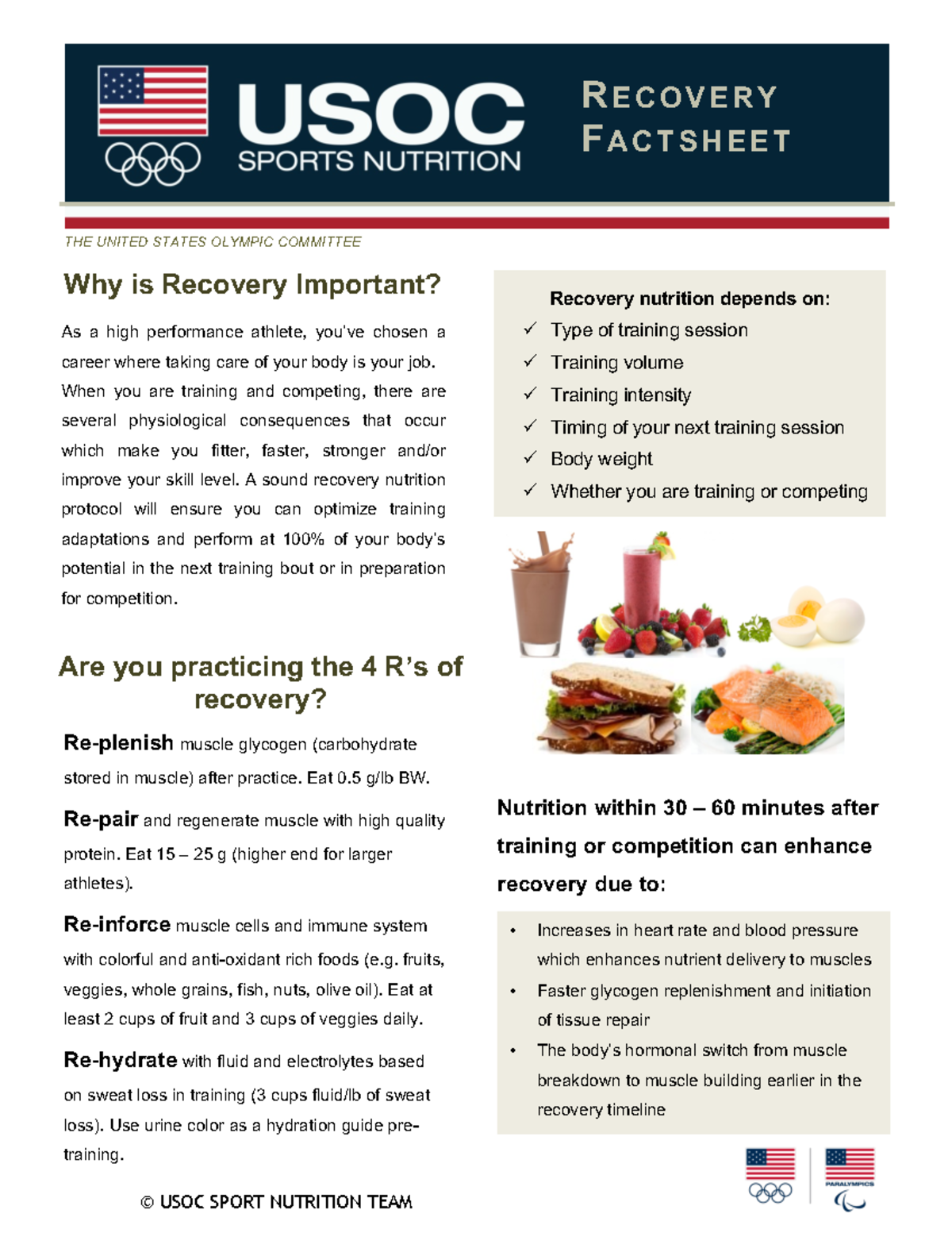 USOC Recovery Fact Sheet (2015 ) - © USOC SPORT NUTRITION TEAM - Studocu